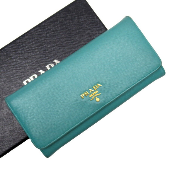 Prada | Accessories | Prada Prada Bifold Long Wallet Turquoise Blue X Gold Saffiano Leather ...